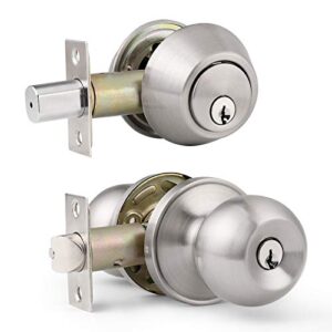 knobelite (10 set keyed alike entry door knob with single cylinder deadbolt combo pack, satin nickel finish door hardware locks, all same key door knobs with lock and key for front and entrance door