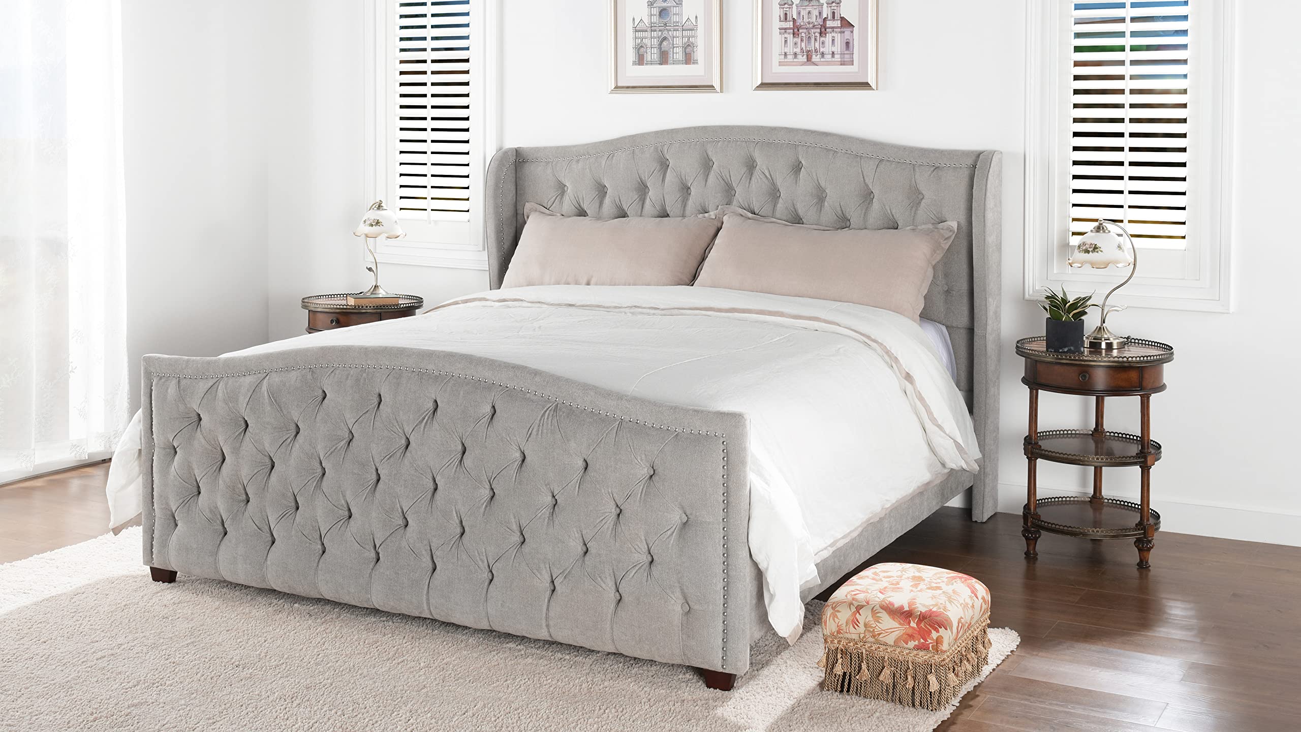 Jennifer Taylor Home Marcella Upholstered Shelter Headboard Bed Set, California King, Silver Grey Polyester