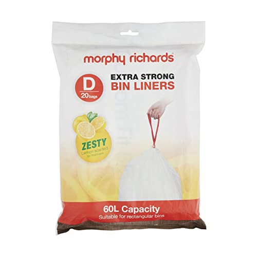 Morphy Richards 979038 Kitchen Bin 60L Lemon Scented Heavy Duty Drawstring Bin Liners, 20 Pack, White compatible with most 60L bin