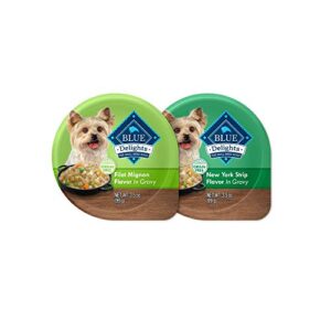 Blue Buffalo Delights Natural Adult Small Breed Wet Dog Food Cups, in Gravy, Filet Mignon & New York Strip 3.5-oz (24 Count - 12 of Each Flavor)