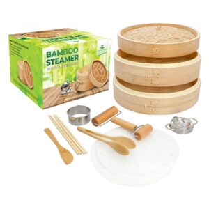 bamboo steamer 10 inch - basket 2 tier steam cooker pot for rice, dim sum, fish, vegetable & meat – set of two bamboo chopsticks, steamer liner and steamer basket