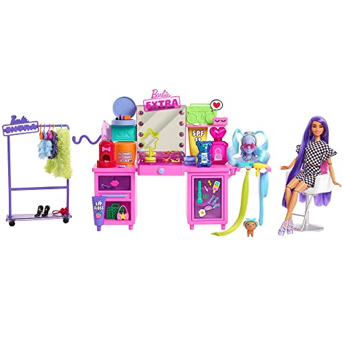 Barbie Extra Doll & Vanity Playset with Exclusive Doll, Pet Puppy, 45+ Pieces Including Clothes & Accessories, Toy Gift for Kids 3Y+, GYJ70