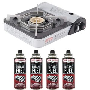 chef master 90011 portable butane stove | 10,000 btu outlet | camp kitchen equipment | emergency stove | hurricane stove | single burner camp stove | camping cooking stove + 4 fuel canisters