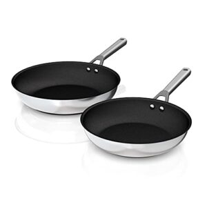 ninja c62200 foodi neverstick stainless 10.25-inch & 12-inch fry pan set, polished stainless-steel exterior, nonstick, durable & oven safe to 500°f, silver