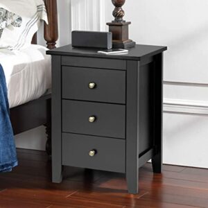 Safeplus Nightstand, Side Table with 3 Drawers, Bedroom Side Storage Cabinet Wooden End Table Accent Table Solid Wood Legs (Black, 2 Pics)