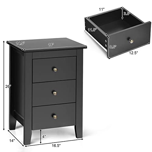 Safeplus Nightstand, Side Table with 3 Drawers, Bedroom Side Storage Cabinet Wooden End Table Accent Table Solid Wood Legs (Black, 2 Pics)