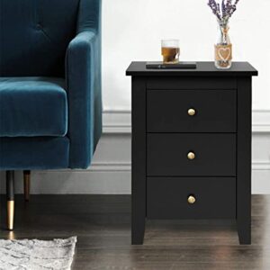 Safeplus Nightstand, Side Table with 3 Drawers, Bedroom Side Storage Cabinet Wooden End Table Accent Table Solid Wood Legs (Black, 2 Pics)