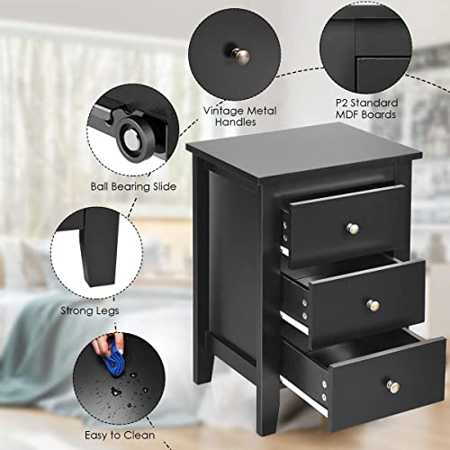 Safeplus Nightstand, Side Table with 3 Drawers, Bedroom Side Storage Cabinet Wooden End Table Accent Table Solid Wood Legs (Black, 2 Pics)