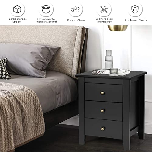 Safeplus Nightstand, Side Table with 3 Drawers, Bedroom Side Storage Cabinet Wooden End Table Accent Table Solid Wood Legs (Black, 2 Pics)