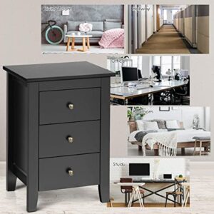 Safeplus Nightstand, Side Table with 3 Drawers, Bedroom Side Storage Cabinet Wooden End Table Accent Table Solid Wood Legs (Black, 2 Pics)