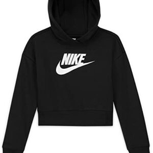 Nike Girl's Sportswear Club Fleece Crop Hoodie (Little Kids/Big Kids) Black/White M (10-12 Big Kid)