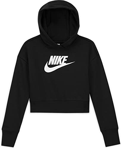 Nike Girl's Sportswear Club Fleece Crop Hoodie (Little Kids/Big Kids) Black/White M (10-12 Big Kid)