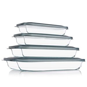 komuee 8 pieces glass baking dish with lids rectangular glass baking pan bakeware set with bpa free lids, baking pans for lasagna, leftovers, cooking, kitchen, fridge-to-oven, gray