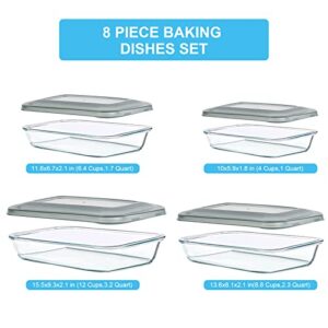 KOMUEE 8 Pieces Glass Baking Dish with Lids Rectangular Glass Baking Pan Bakeware Set with BPA Free Lids, Baking Pans for Lasagna, Leftovers, Cooking, Kitchen, Fridge-to-Oven, Gray