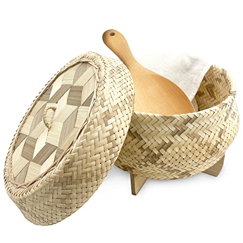 PANWA Handmade 100% Natural Thai Bamboo Sticky Rice “Electric Cooker Steamer Set”, Small Pot Insert ~ 6.5 Inch, Checkered Wicker Woven Lid, 16’’ Cheesecloth Filter, and Wooden Spoon