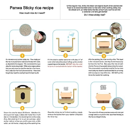 PANWA Handmade 100% Natural Thai Bamboo Sticky Rice “Electric Cooker Steamer Set”, Small Pot Insert ~ 6.5 Inch, Checkered Wicker Woven Lid, 16’’ Cheesecloth Filter, and Wooden Spoon