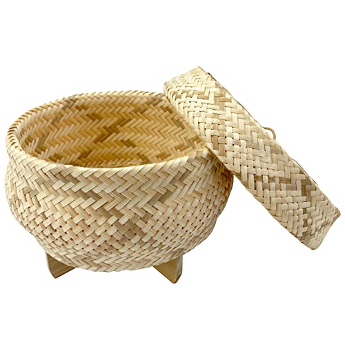 PANWA Handmade 100% Natural Thai Bamboo Sticky Rice “Electric Cooker Steamer Set”, Small Pot Insert ~ 6.5 Inch, Checkered Wicker Woven Lid, 16’’ Cheesecloth Filter, and Wooden Spoon