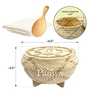 PANWA Handmade 100% Natural Thai Bamboo Sticky Rice “Electric Cooker Steamer Set”, Small Pot Insert ~ 6.5 Inch, Checkered Wicker Woven Lid, 16’’ Cheesecloth Filter, and Wooden Spoon