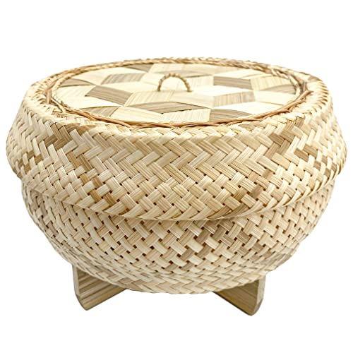 PANWA Handmade 100% Natural Thai Bamboo Sticky Rice “Electric Cooker Steamer Set”, Small Pot Insert ~ 6.5 Inch, Checkered Wicker Woven Lid, 16’’ Cheesecloth Filter, and Wooden Spoon