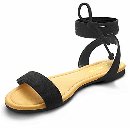 DAYDAYGO Sandals for Women - Womens Comfortable Open Toe Ankle Wrap Lace Up Flat Sandals - Women’s Sandal Ankle Tie Up Black Size 11