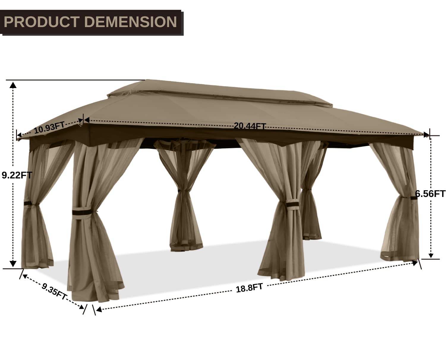 ABCCANOPY 10x20 Outdoor Gazebo - Patio Gazebo with Mosquito Netting, Outdoor Canopies for Shade and Rain for Lawn, Garden, Backyard & Deck (Khaki)