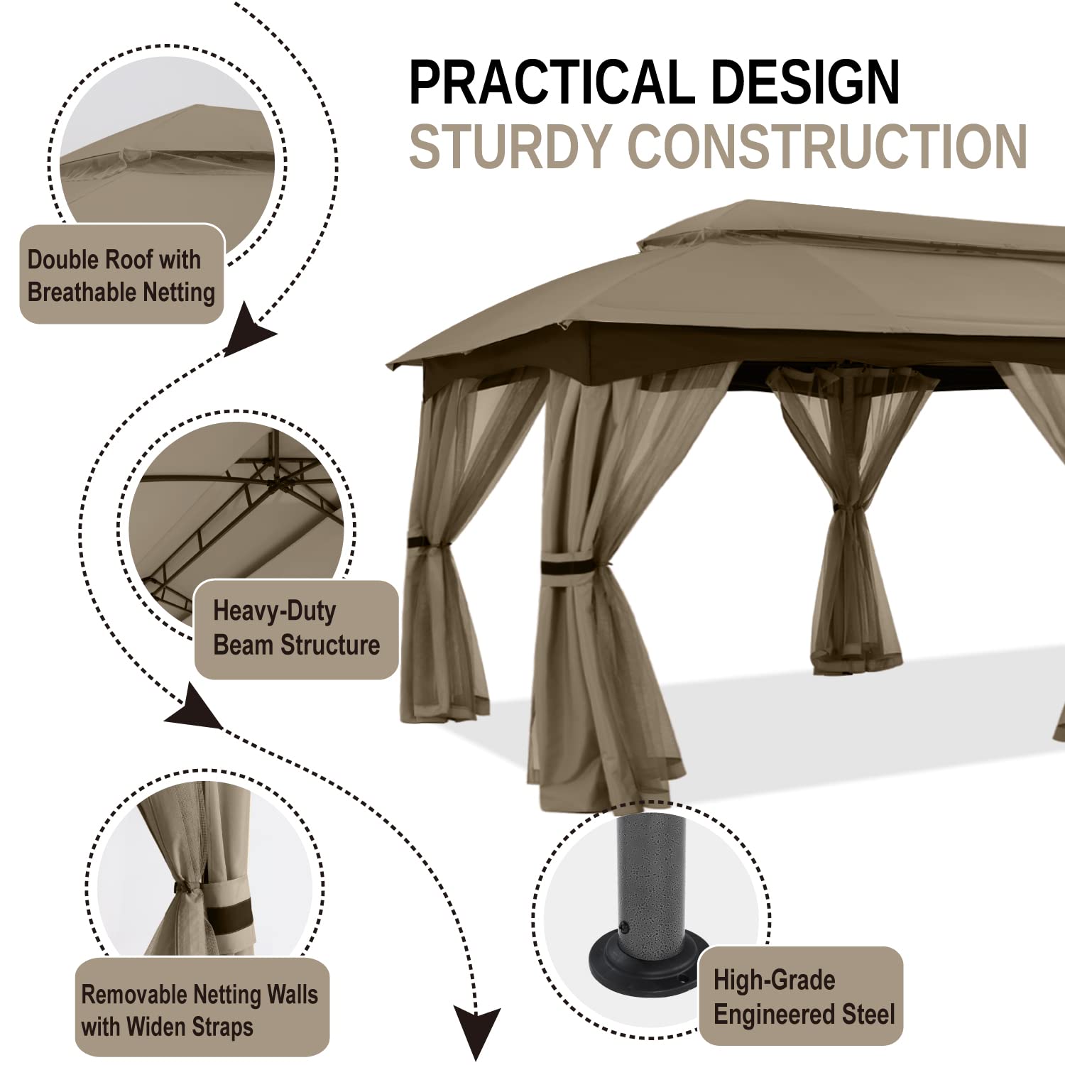 ABCCANOPY 10x20 Outdoor Gazebo - Patio Gazebo with Mosquito Netting, Outdoor Canopies for Shade and Rain for Lawn, Garden, Backyard & Deck (Khaki)