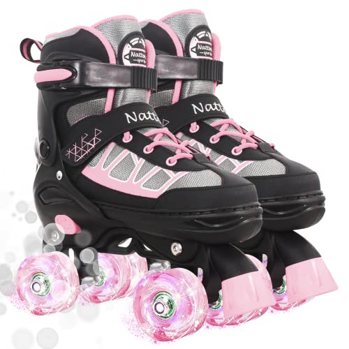 Kids Roller Skates for Girls, Pink Adjustable Rollerskates with Light Up Wheels for Big Kids Ages 6-12 7 8 9 10, Beginners Outdoor Sports, Best Birthday Gift for Girls Kids