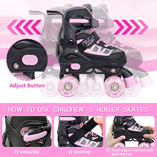 Kids Roller Skates for Girls, Pink Adjustable Rollerskates with Light Up Wheels for Big Kids Ages 6-12 7 8 9 10, Beginners Outdoor Sports, Best Birthday Gift for Girls Kids