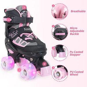 Kids Roller Skates for Girls, Pink Adjustable Rollerskates with Light Up Wheels for Big Kids Ages 6-12 7 8 9 10, Beginners Outdoor Sports, Best Birthday Gift for Girls Kids