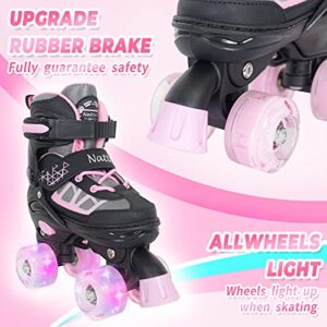 Kids Roller Skates for Girls, Pink Adjustable Rollerskates with Light Up Wheels for Big Kids Ages 6-12 7 8 9 10, Beginners Outdoor Sports, Best Birthday Gift for Girls Kids