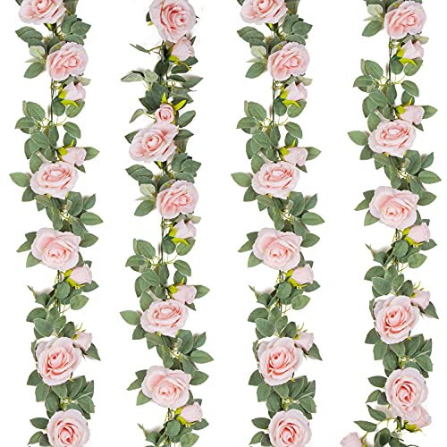 Teldrassil 4Pcs(26 FT) Artificial Rose Vine Fake Flower Garland Fake Silk Rose Hanging Vine for Wedding Party Background Arch Garden Background Decoration (Pink)