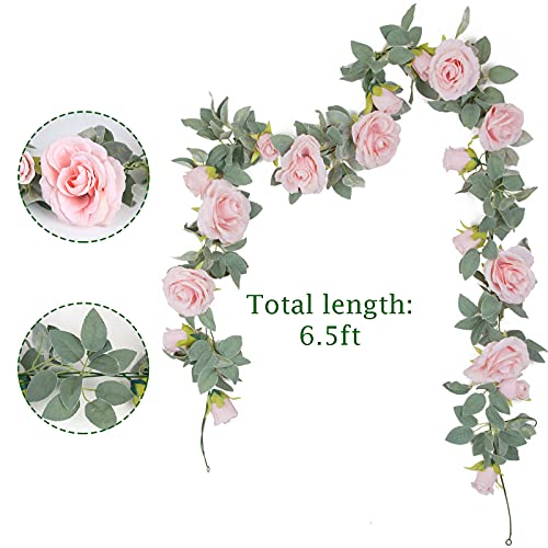 Teldrassil 4Pcs(26 FT) Artificial Rose Vine Fake Flower Garland Fake Silk Rose Hanging Vine for Wedding Party Background Arch Garden Background Decoration (Pink)