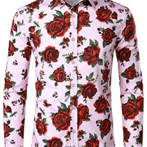 ZEROYAA Mens Fashion Urban Design Polyester Slim Fit Long Sleeve Rose Printed Button Up Dress Shirts ZLCL21-Pink Medium