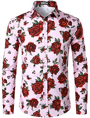 ZEROYAA Mens Fashion Urban Design Polyester Slim Fit Long Sleeve Rose Printed Button Up Dress Shirts ZLCL21-Pink Medium