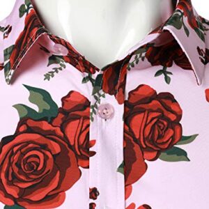 ZEROYAA Mens Fashion Urban Design Polyester Slim Fit Long Sleeve Rose Printed Button Up Dress Shirts ZLCL21-Pink Medium