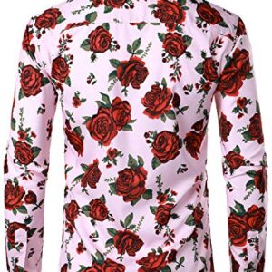 ZEROYAA Mens Fashion Urban Design Polyester Slim Fit Long Sleeve Rose Printed Button Up Dress Shirts ZLCL21-Pink Medium