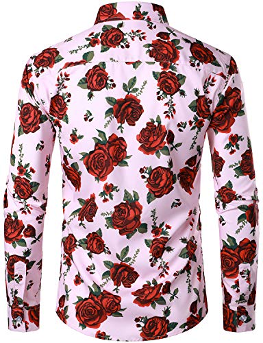 ZEROYAA Mens Fashion Urban Design Polyester Slim Fit Long Sleeve Rose Printed Button Up Dress Shirts ZLCL21-Pink Medium