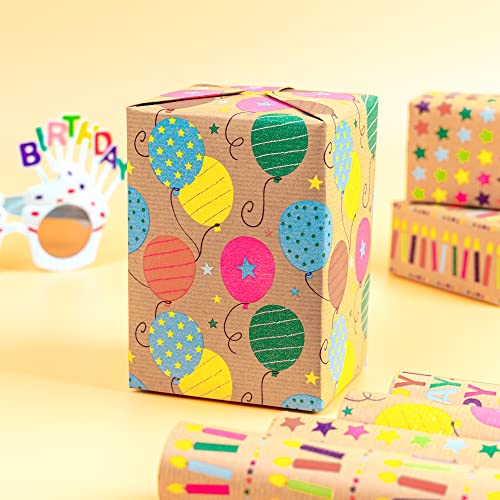 RUSPEPA Wrapping Paper Kraft Paper - Colorful Birthday Text Wrap Design - 4 Rolls - 30 inches x 10 feet per Roll