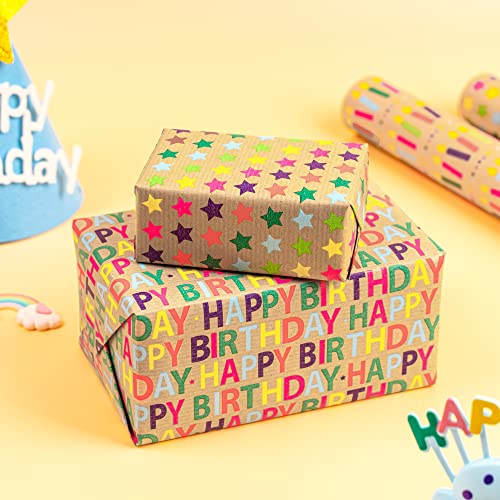 RUSPEPA Wrapping Paper Kraft Paper - Colorful Birthday Text Wrap Design - 4 Rolls - 30 inches x 10 feet per Roll