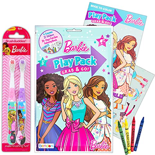 Mattel Barbie Toothbrush 2-Pack Bundle ~ Barbie Soft Toothbrushes for Girls | Barbie Bathroom with Stickers, Coloring Pages, and More (Barbie Toothbrush Set)