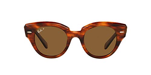 Ray-Ban Women's Rb2192f Roundabout Low Bridge Fit Round Sunglasses, Striped Havana/Polarized Brown, 47 mm