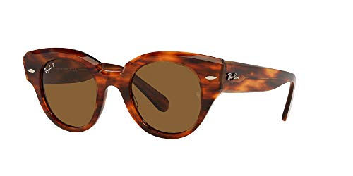 Ray-Ban Women's Rb2192f Roundabout Low Bridge Fit Round Sunglasses, Striped Havana/Polarized Brown, 47 mm