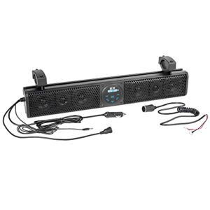 belva basb26 26” wide ipx5 weatherproof marine utv atv sound bar, four 3" speakers, two 1" tweeters, built-in amplifier, aux input, usb input, bluetooth audio and wireless remote