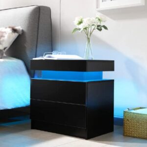 i-aplus Bedside Table with 2 Drawers, LED Nightstand Wooden Cabinet Unit with Lights for Bedroom, Living Room, Black