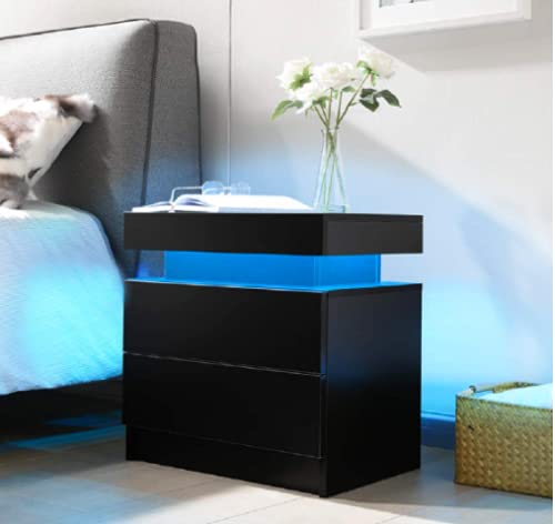 i-aplus Bedside Table with 2 Drawers, LED Nightstand Wooden Cabinet Unit with Lights for Bedroom, Living Room, Black