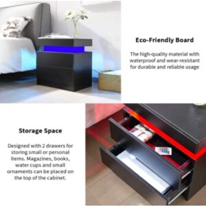 i-aplus Bedside Table with 2 Drawers, LED Nightstand Wooden Cabinet Unit with Lights for Bedroom, Living Room, Black