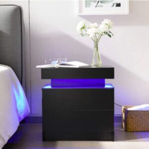 i-aplus Bedside Table with 2 Drawers, LED Nightstand Wooden Cabinet Unit with Lights for Bedroom, Living Room, Black