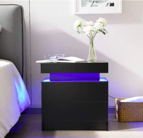 i-aplus Bedside Table with 2 Drawers, LED Nightstand Wooden Cabinet Unit with Lights for Bedroom, Living Room, Black