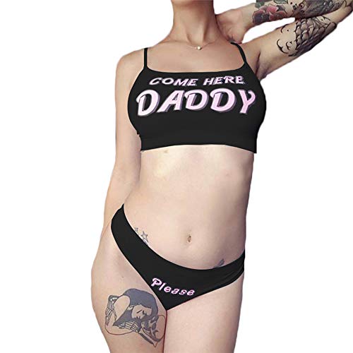 Sexy Women Come Here Daddy Please Print Strappy Lingerie Set 2PCS See Tank Tops and Panty Sets Pajamas Sleepwear (Black, M)