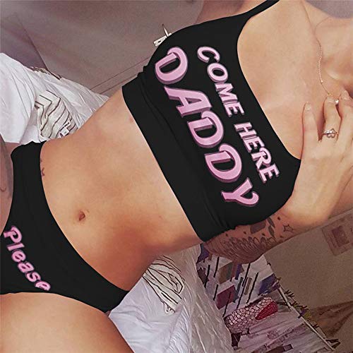 Sexy Women Come Here Daddy Please Print Strappy Lingerie Set 2PCS See Tank Tops and Panty Sets Pajamas Sleepwear (Black, M)